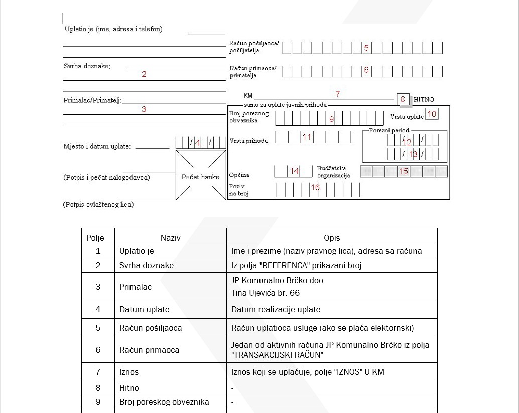OBAVJEŠTENjE ZA POTROŠAČE_POPUNJAVANJE UPLATNICA – JP Komunalno Brčko